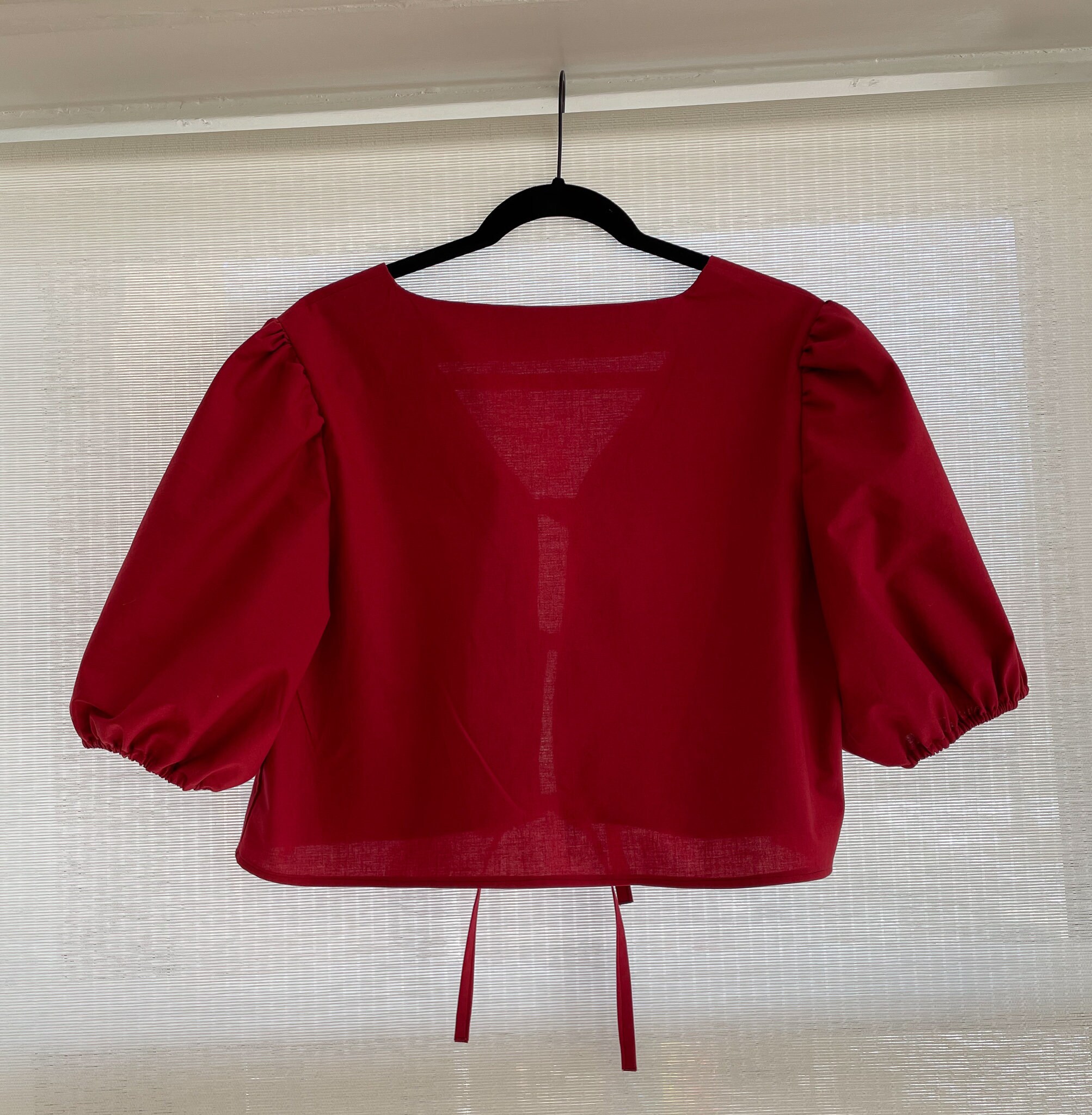Puff Sleeve Bow Tie Crop Top Sewn To Order Navy Red And Green Cotton