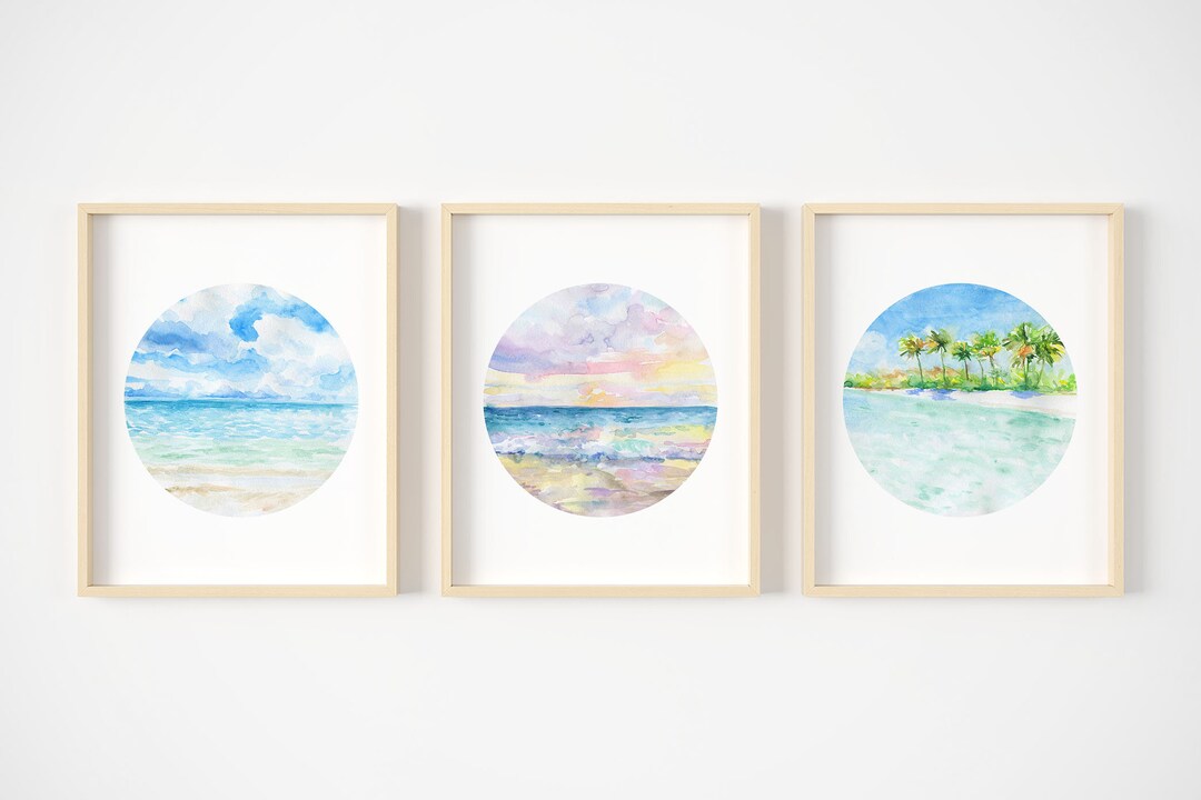 Beach Wall Art - Watercolor Coastal Prints - Set of 3 - Tropical ...