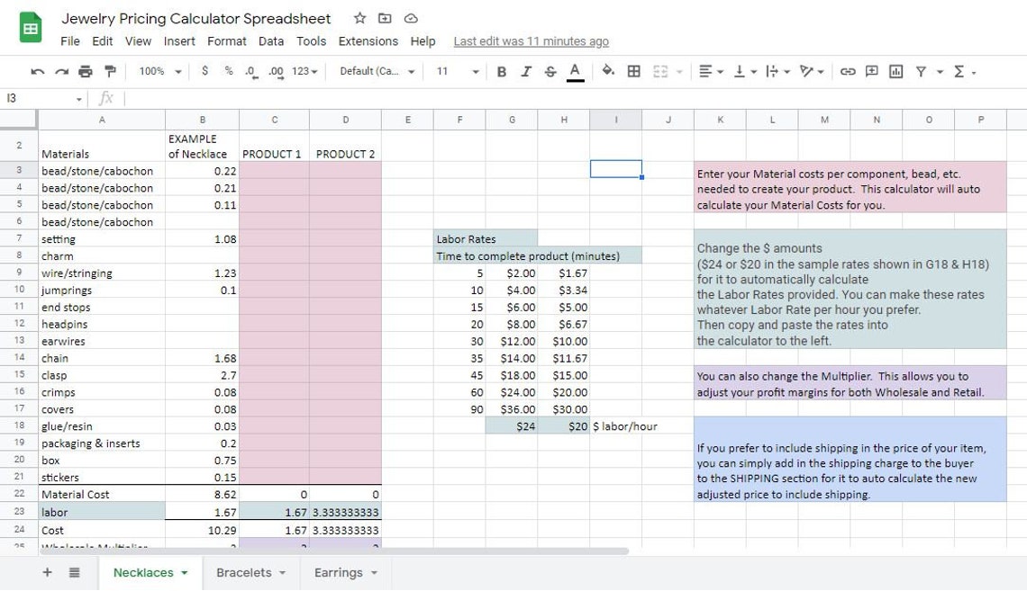 Jewelry Pricing Calculator for Google Sheets Spreadsheet - Etsy
