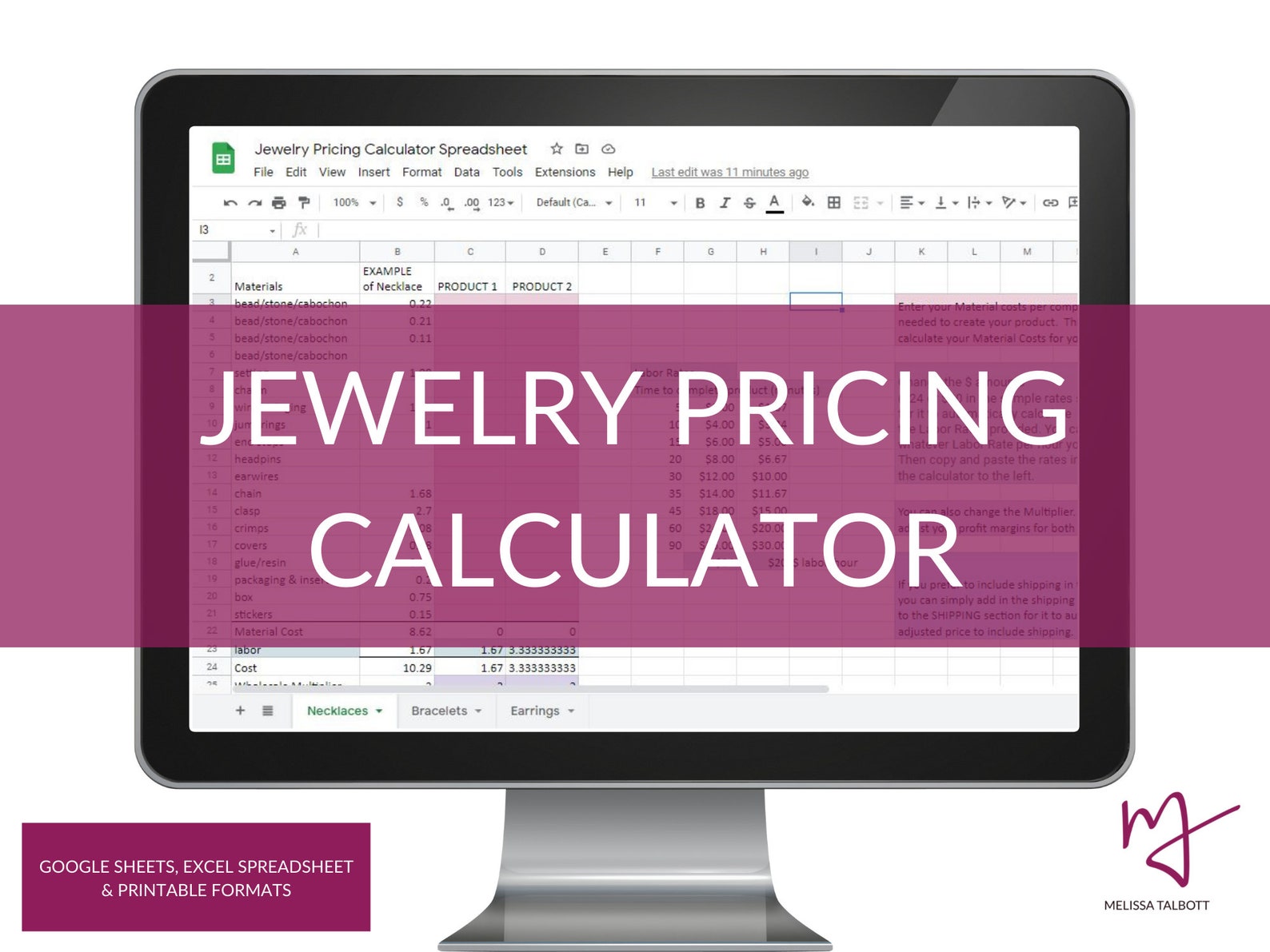 Jewelry Pricing Calculator for Google Sheets Spreadsheet, Excel ...