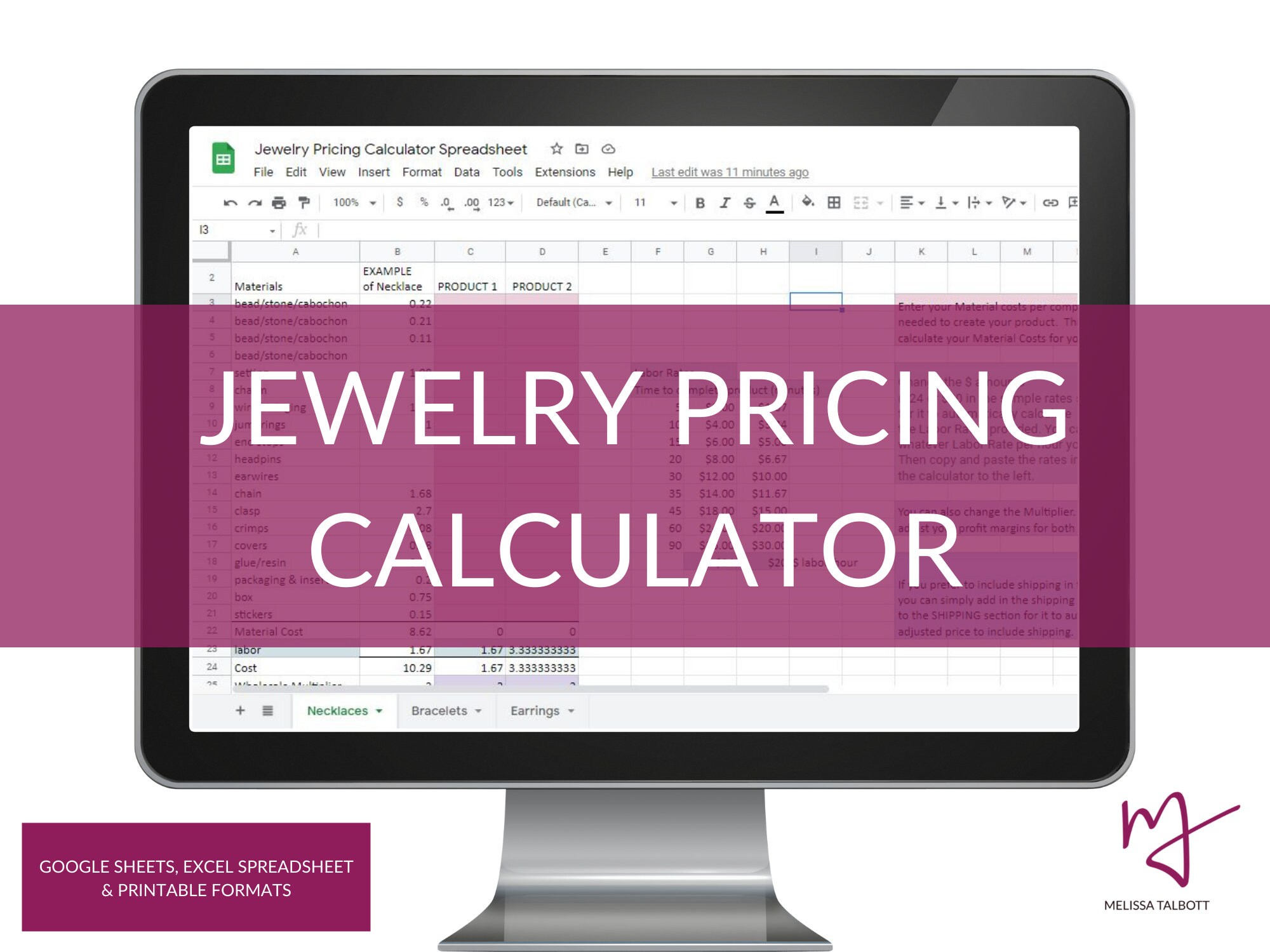 Jewelry Pricing Calculator for Google Sheets Spreadsheet, Excel ...