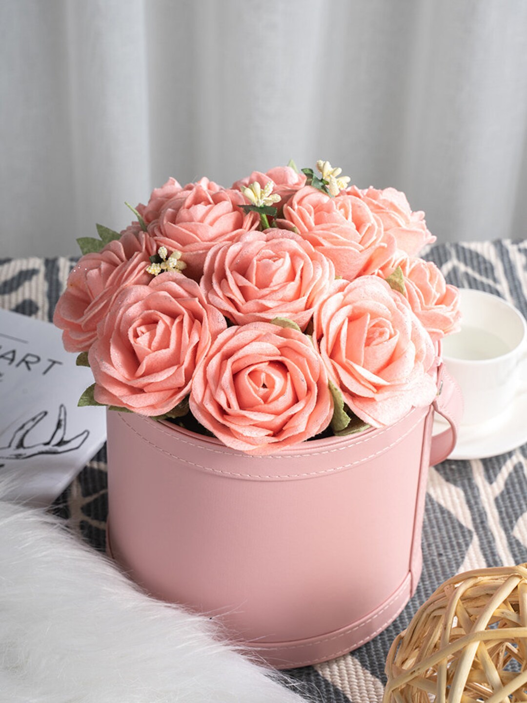 Felt Rose Flower Bouquet With Pink Leather Bucket - 11 Pink Roses - Etsy