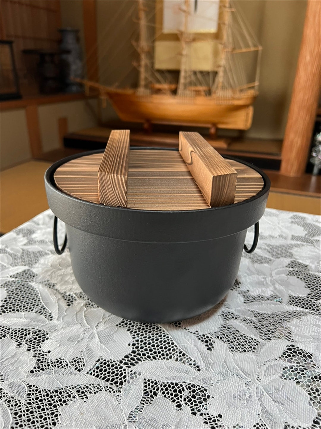 Japanese Rice Pot Ricecooker Pot Ironworks 2L Wooden Lid Cast Iron Pot ...
