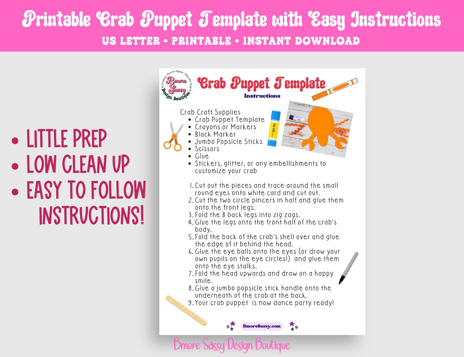 Printable DIY Cute Crab Puppet, Easy Kids Crab Puppet Craft, Instant ...