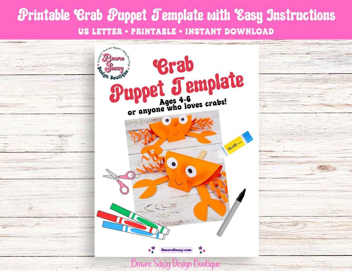 Printable DIY Cute Crab Puppet, Easy Kids Crab Puppet Craft, Instant ...