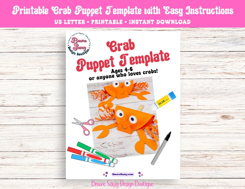 Printable DIY Cute Crab Puppet, Easy Kids Crab Puppet Craft, Instant ...