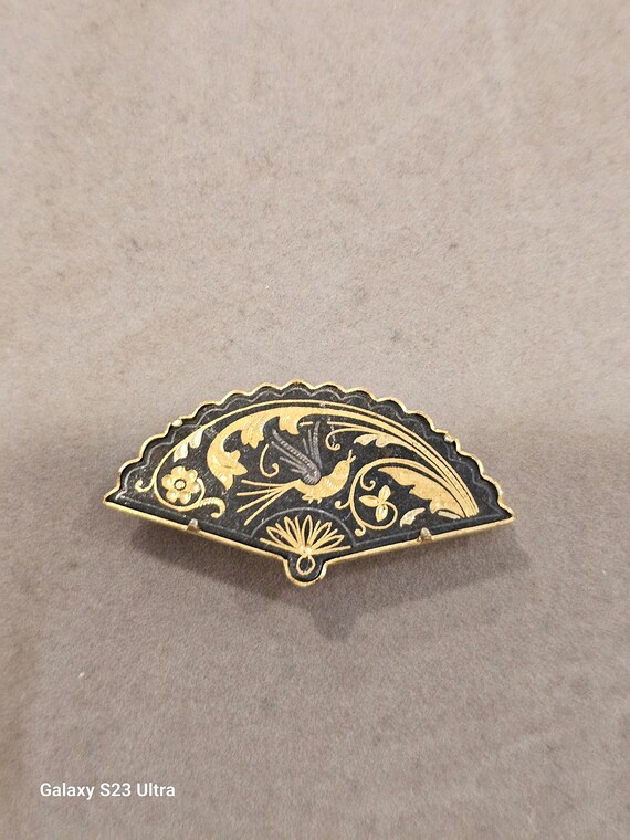 Vintage Fan shape Damascene with Bird Brooch - Gem