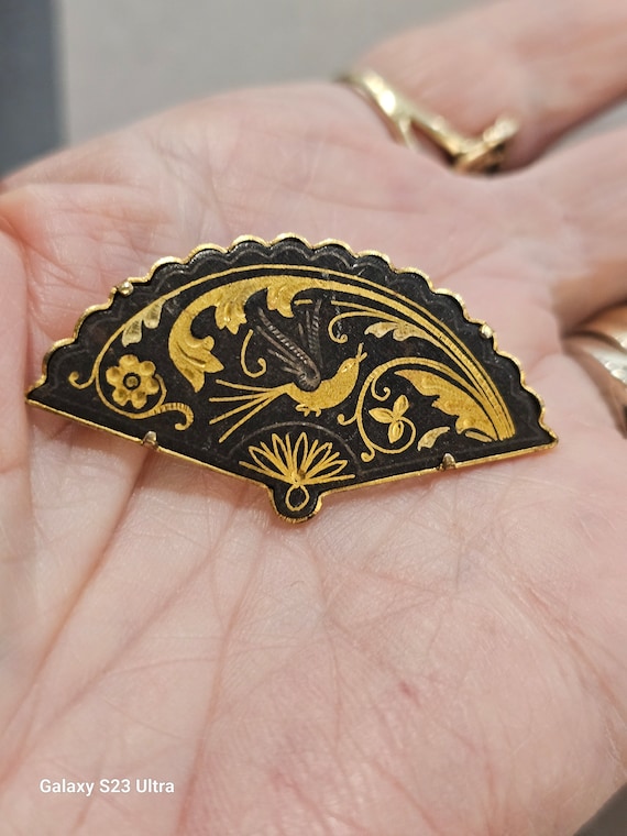 Vintage Fan shape Damascene with Bird Brooch - Gem