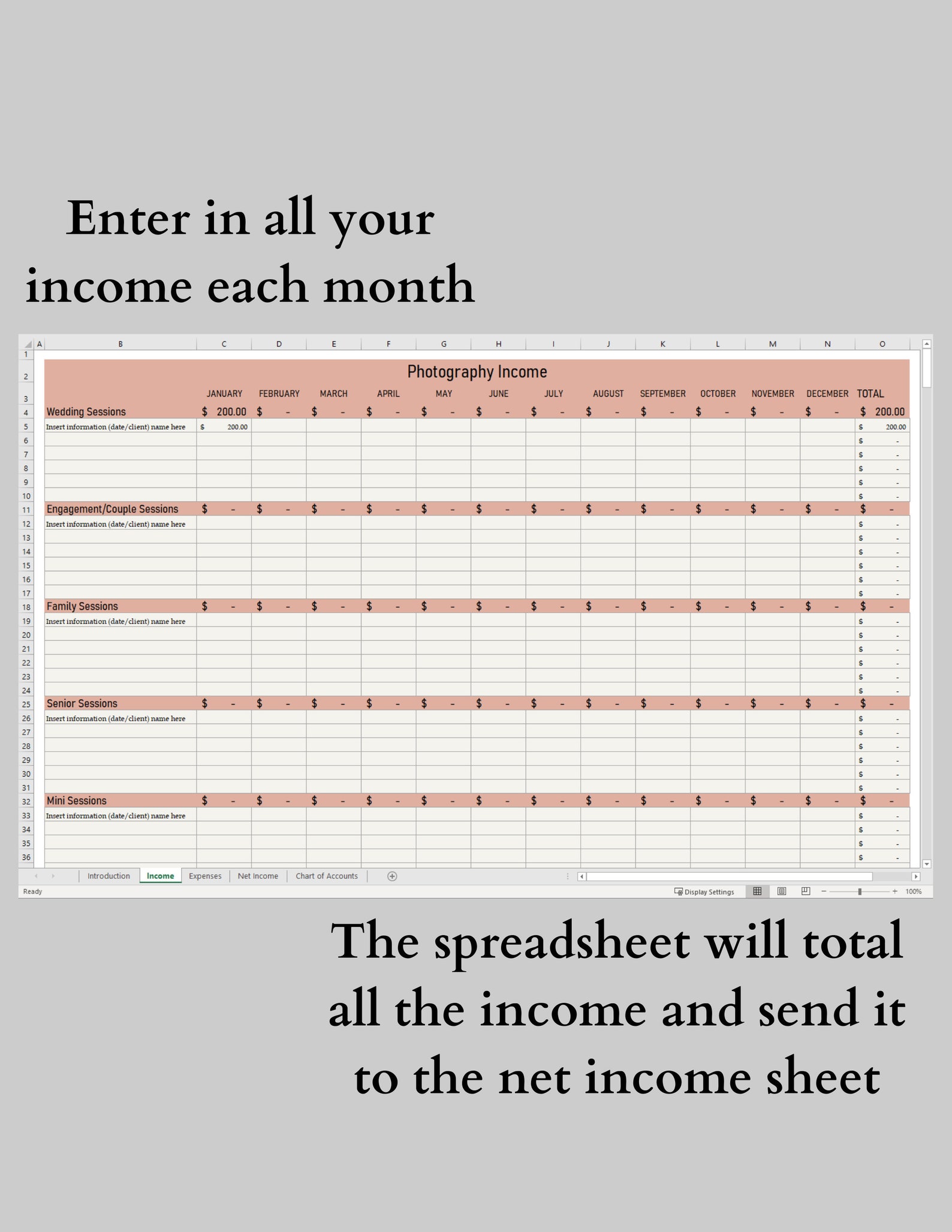 Photography Easy Bookkeeping Spreadsheet | Photography Spreadsheet ...