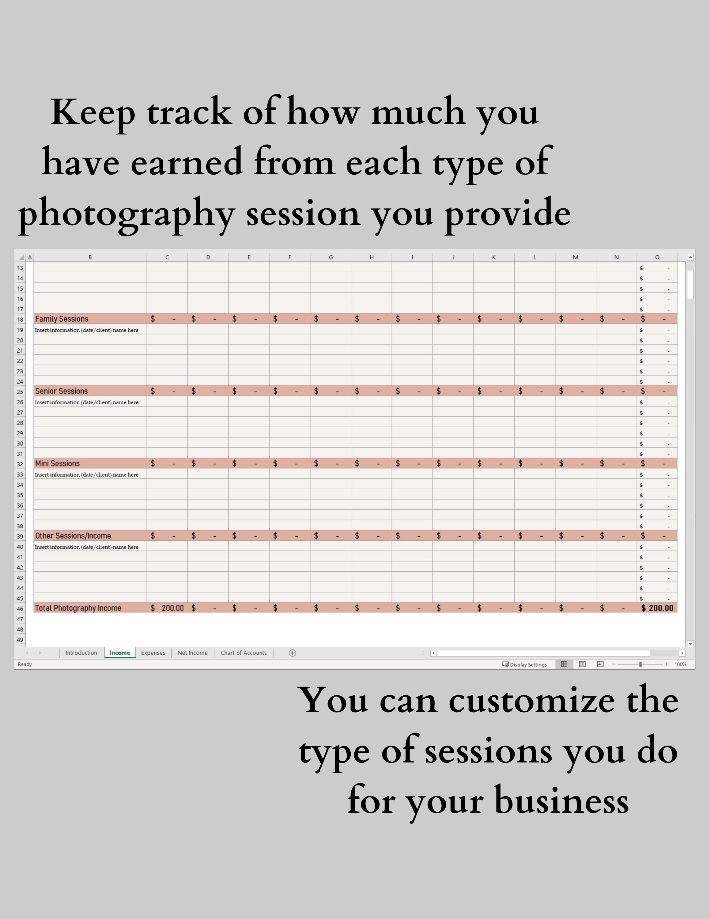Photography Easy Bookkeeping Spreadsheet | Photography Spreadsheet ...