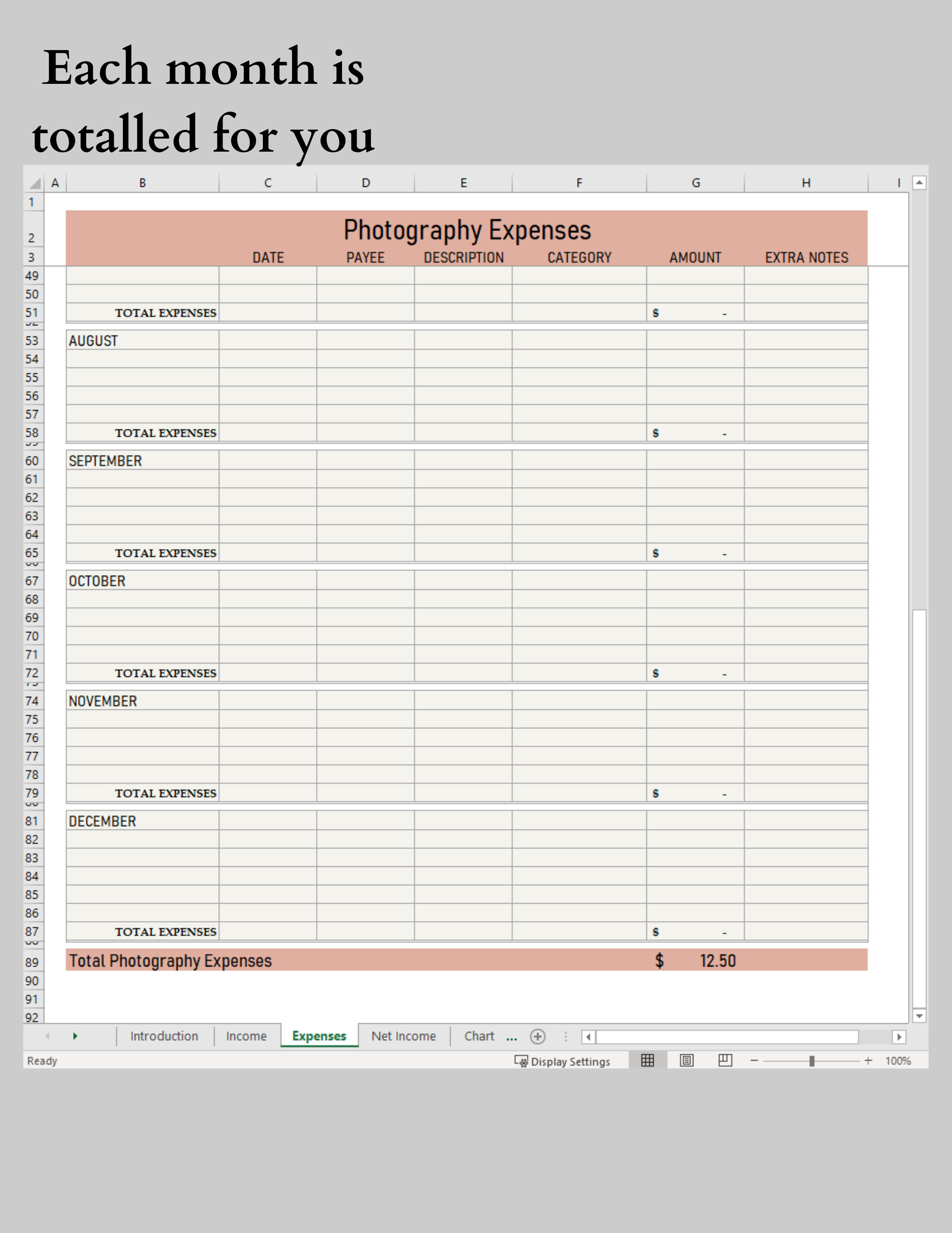 Photography Easy Bookkeeping Spreadsheet | Photography Spreadsheet ...