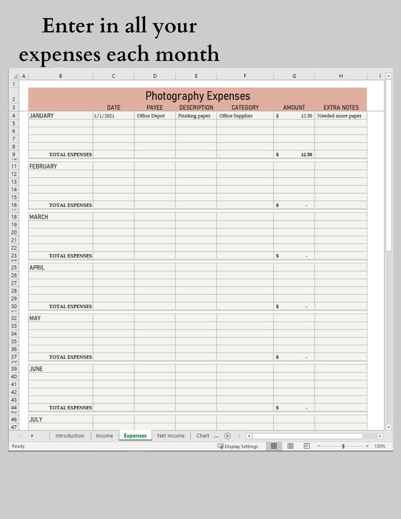 Photography Easy Bookkeeping Spreadsheet | Photography Spreadsheet ...