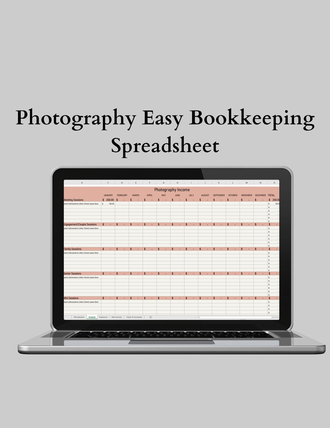 Photography Easy Bookkeeping Spreadsheet | Photography Spreadsheet ...