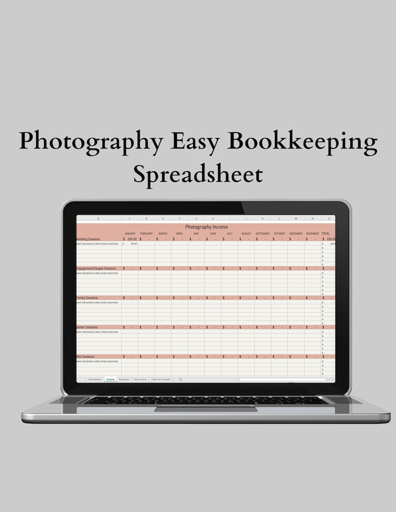 Photography Easy Bookkeeping Spreadsheet | Photography Spreadsheet ...