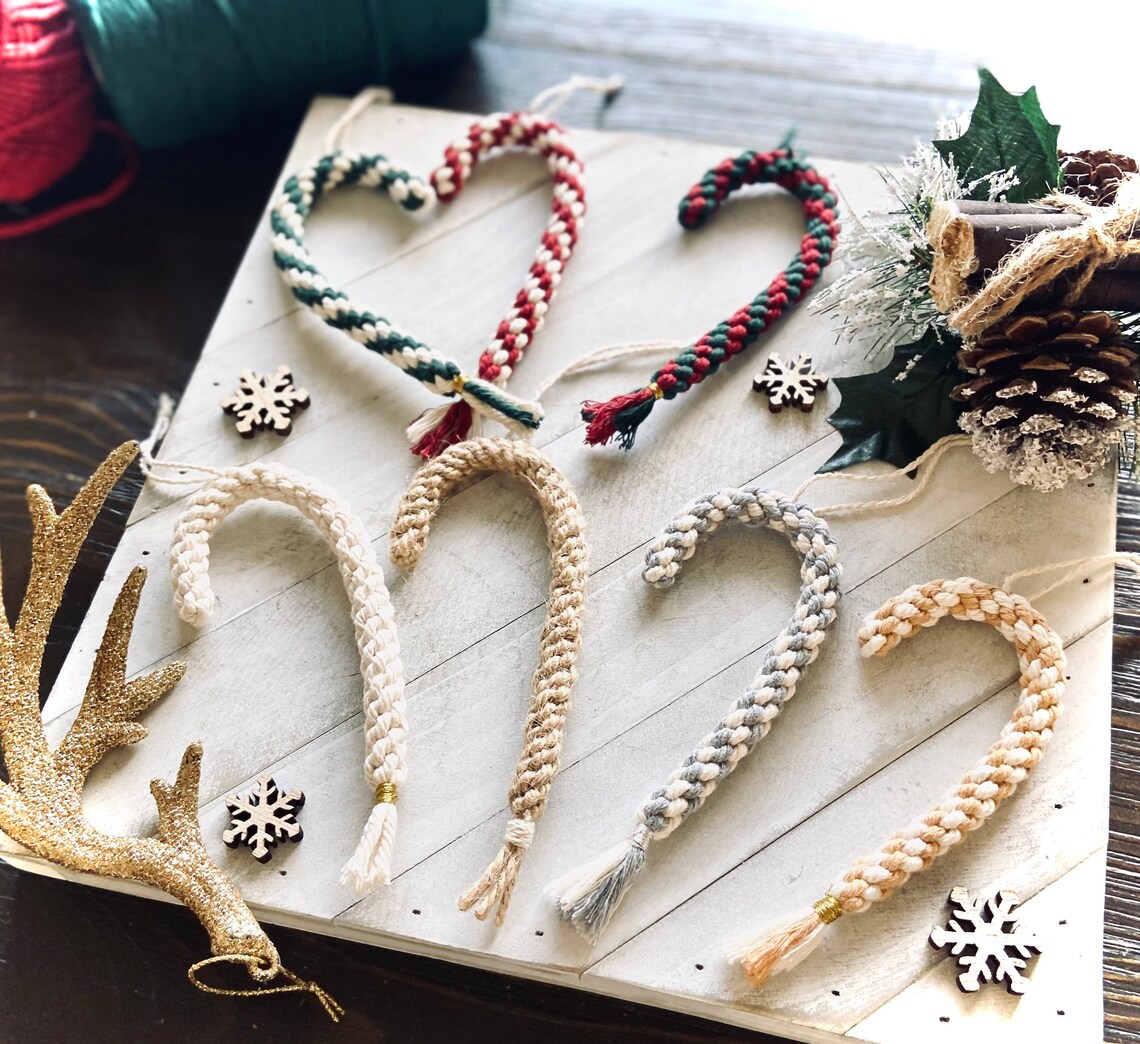 Macrame Candy Cane Ornament / Cotton, Hemp Rope / Macrame Christmas ...