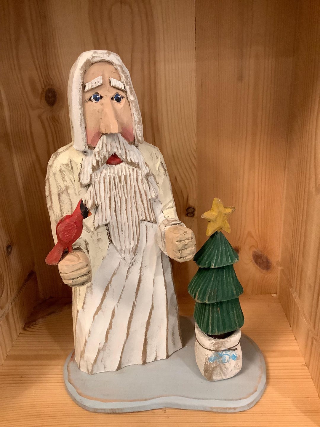 Hand Carved Wood Santa Figurine With Christmas Tree and Cardinal - Etsy