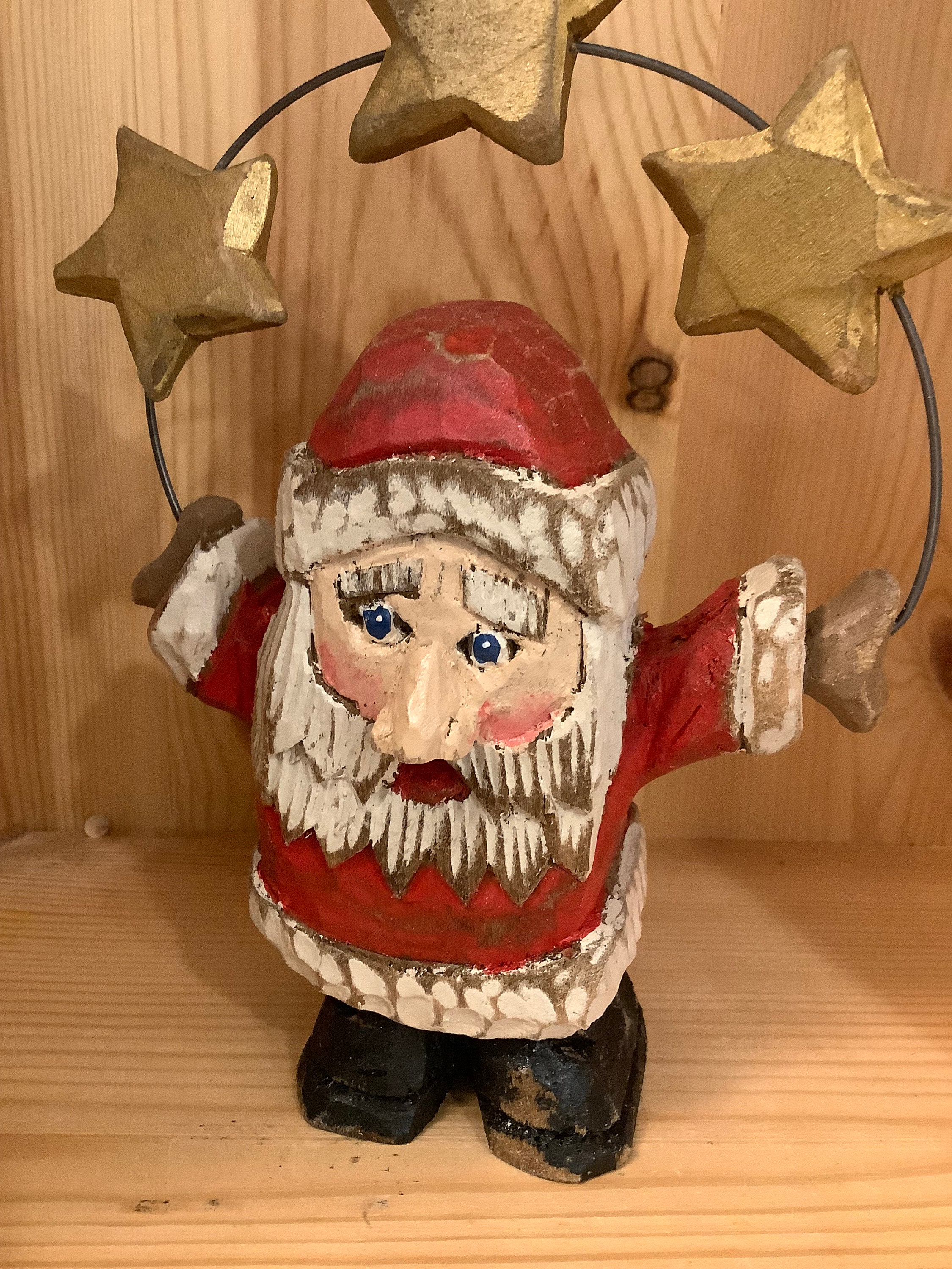 Mini Table Top Santa With String of Wood Carved Garland of Stars All ...