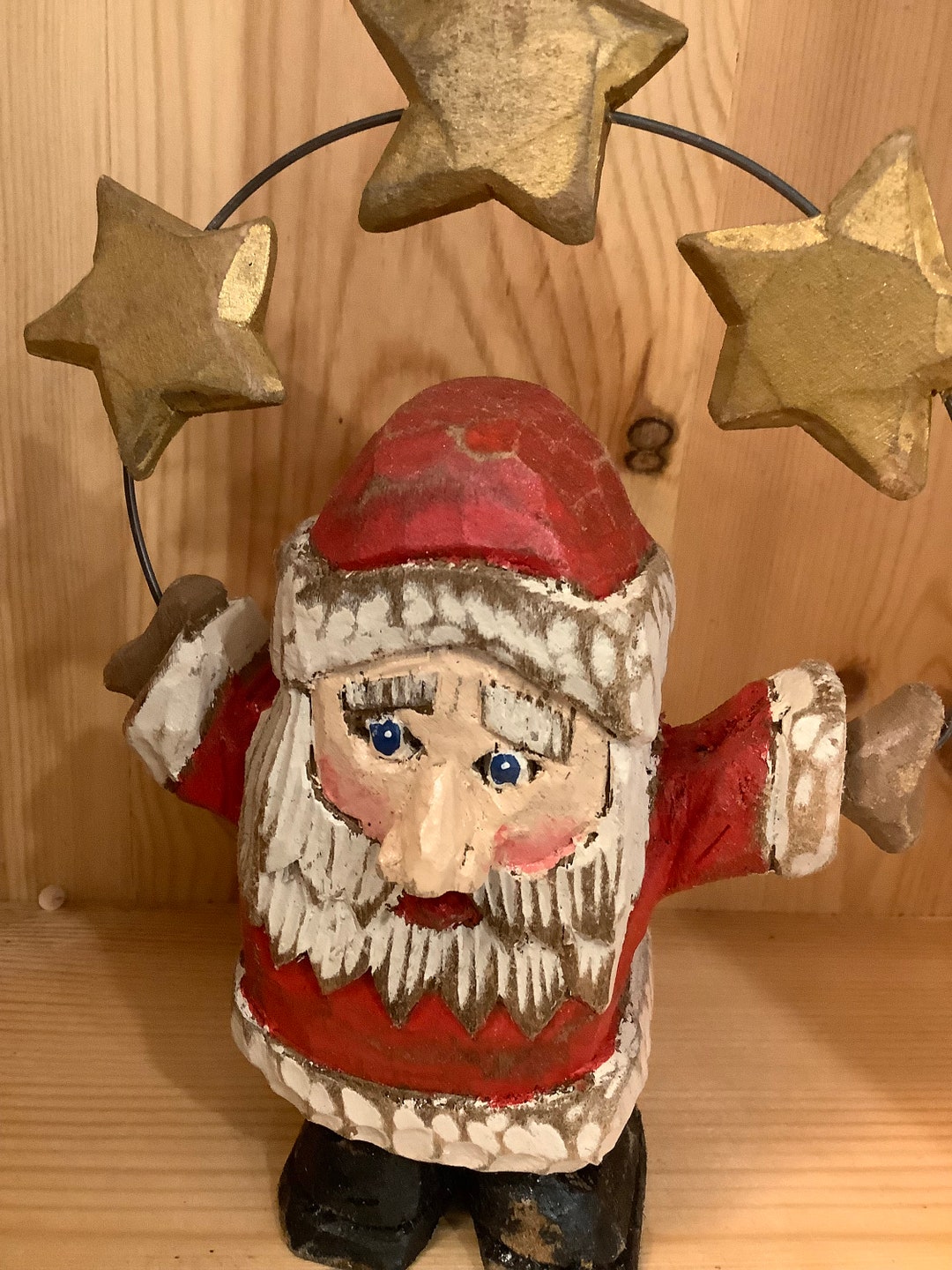 Mini Table Top Santa With String of Wood Carved Garland of Stars All ...