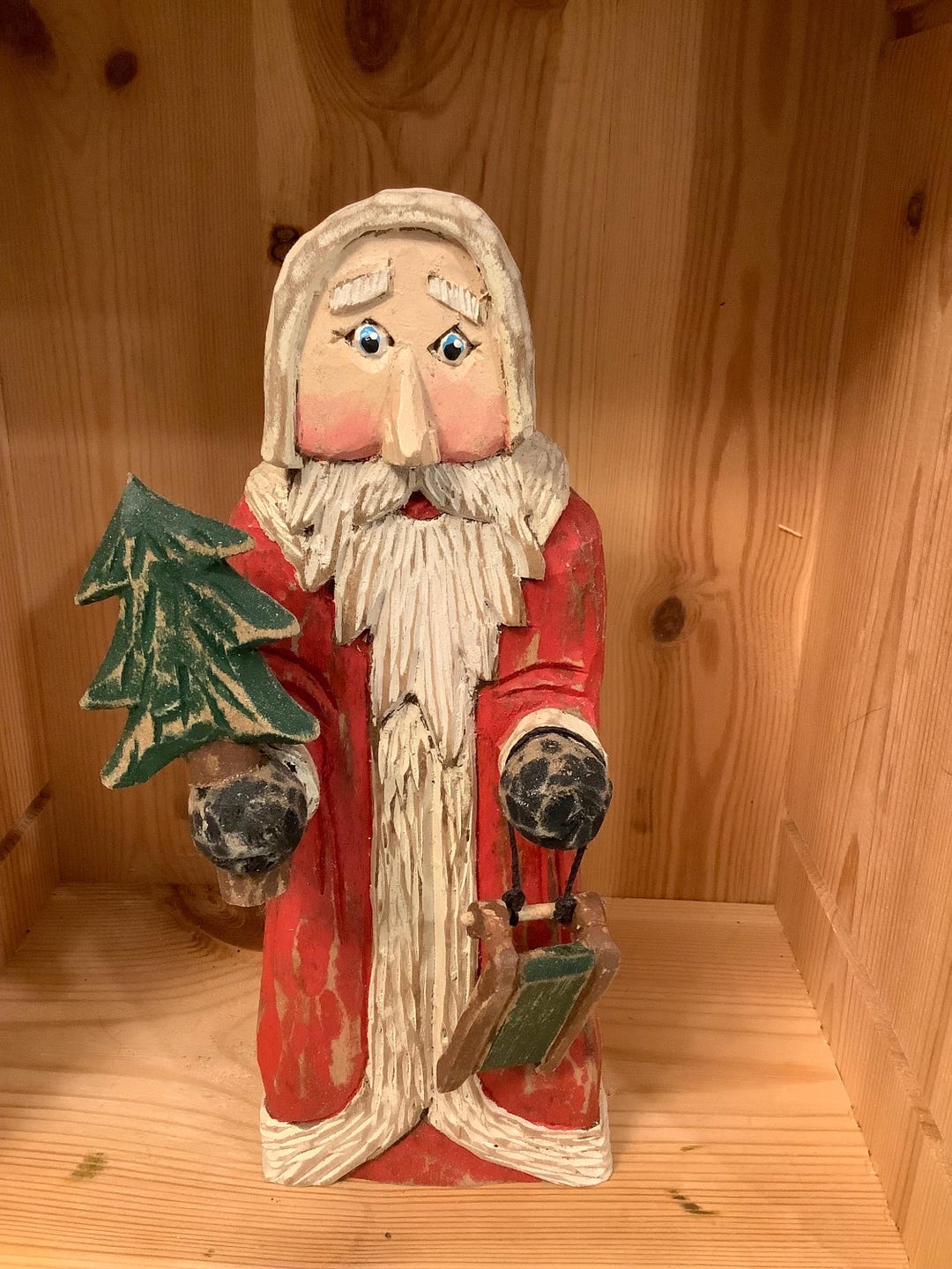 Hand Carved Santa Figurine With Sled and Tree - Basswood Christmas ...
