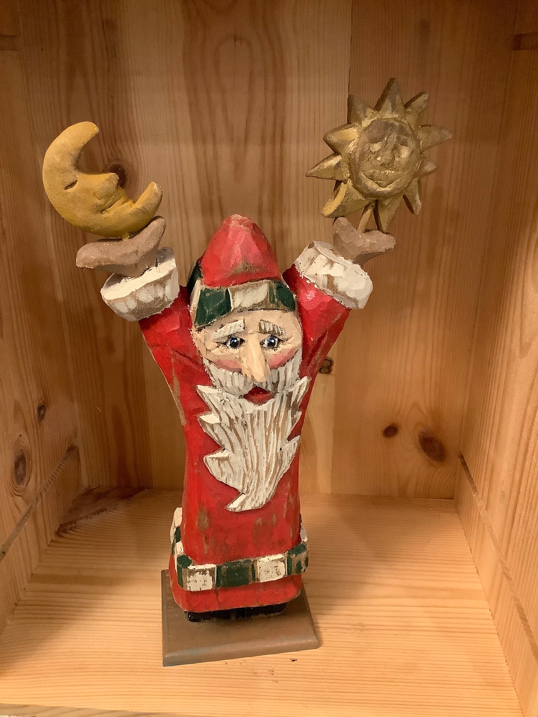 Hand Carved Wood Santa Holding Carved Sun and Moon All Hand Carved by ...