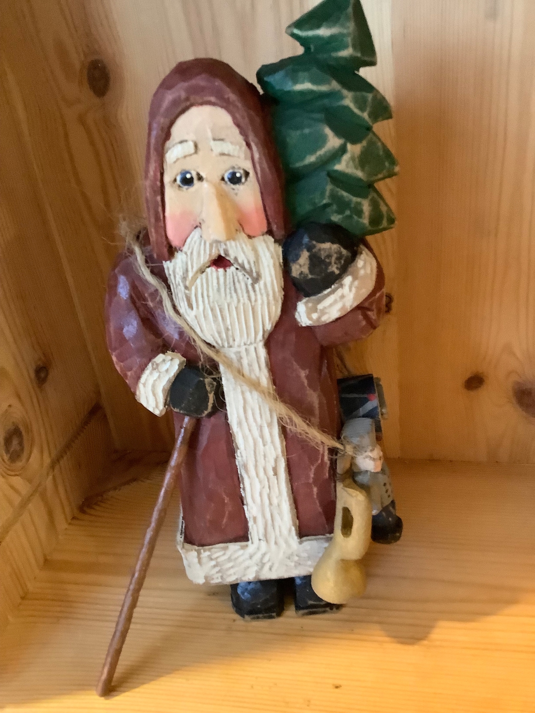 Hand Carved Wood Old St. Nick With Hand Carved String of Christmas Toys ...