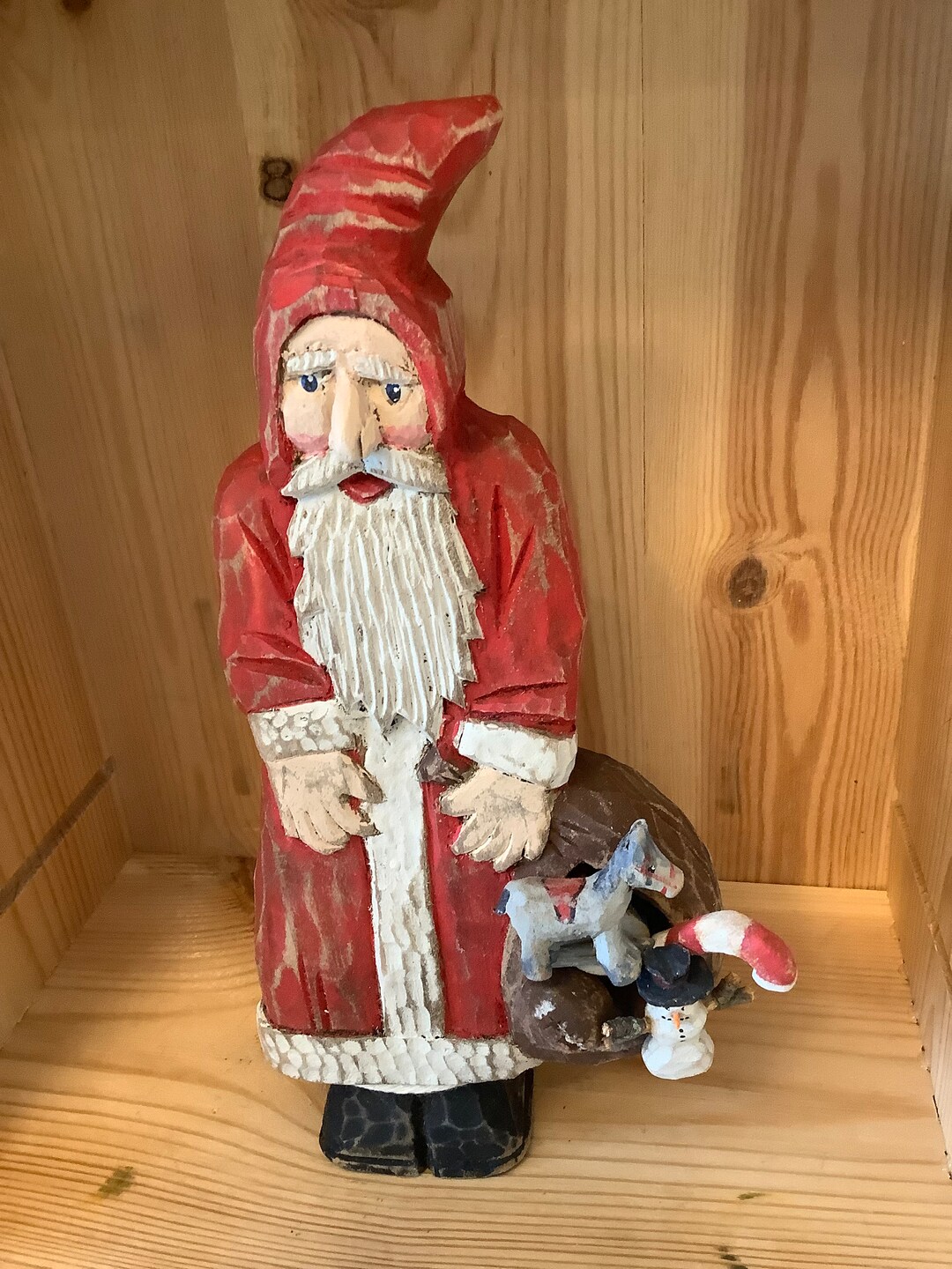 Wood Carved Santa Holding a Bag of Hand Carved Wood Toys All Hand ...