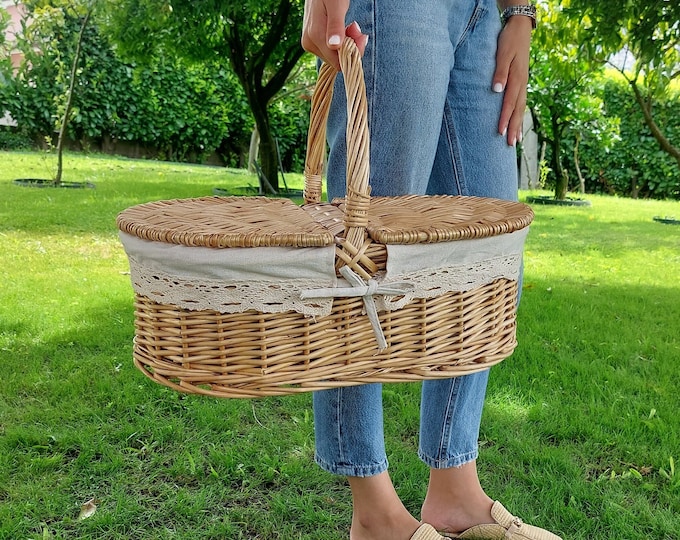 Large Picnic Basket With Lid / Wicker Picnic Basket / Camping Basket ...