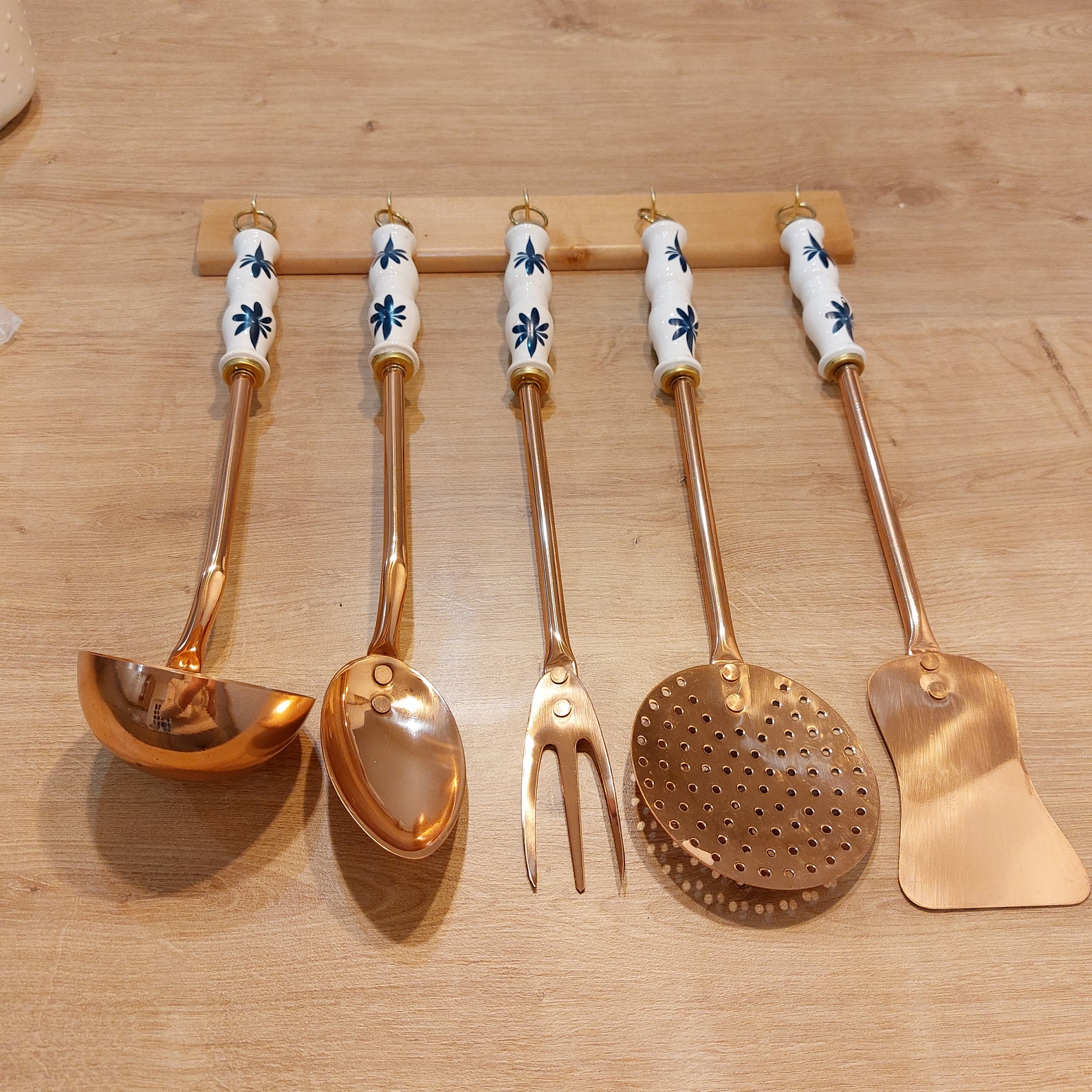 Copper Kitchen Utensil Set of 5 With Holder / Porcelain Handle ...