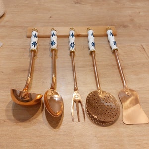 Copper Kitchen Utensil Set of 5 With Holder / Porcelain Handle ...