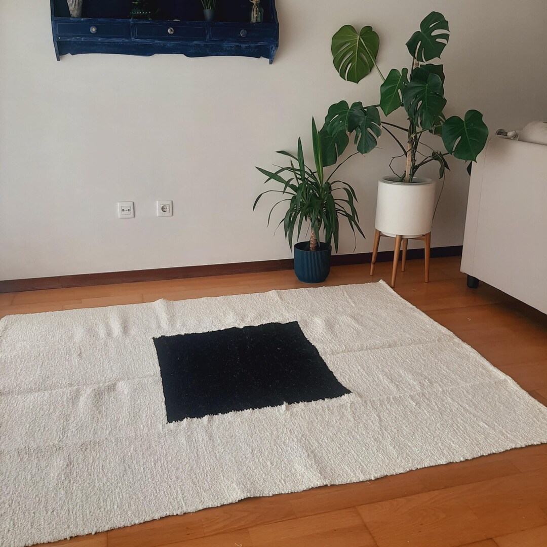 Large Cream Rug With Black Square in the Middle 150x200cm / Cotton Rug ...