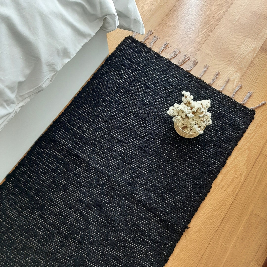 Black Runner Rug 200cm / Handmade Rug / Living Room Rug / Cotton Rug ...