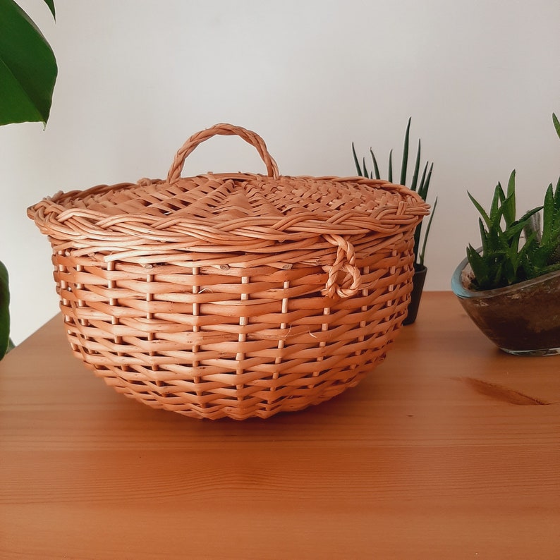 Round Wicker Bread Box / Wicker Basket With Lid / Storage Basket ...