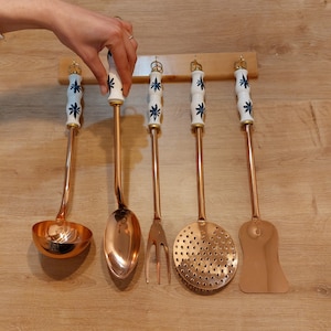 Copper Kitchen Utensil Set of 5 With Holder / Porcelain Handle ...