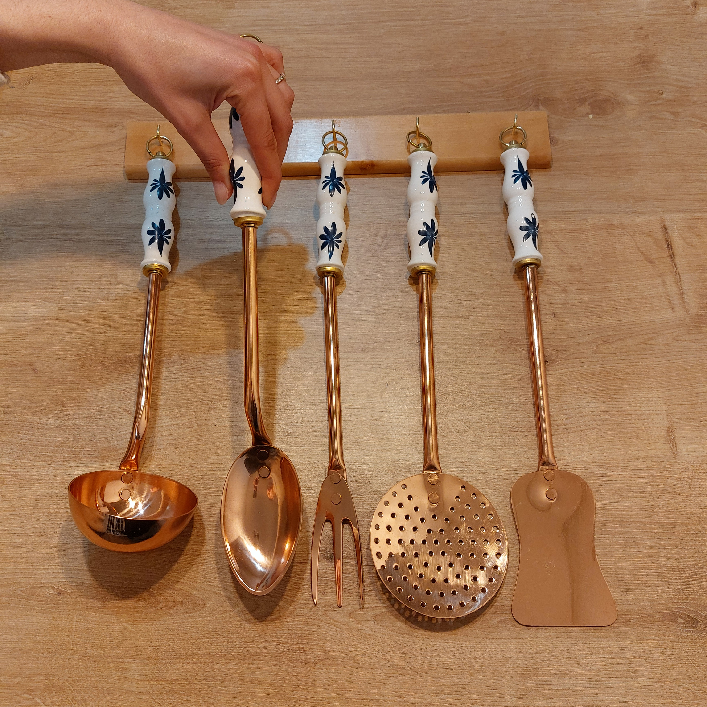 Copper Kitchen Utensil Set of 5 With Holder / Porcelain Handle ...