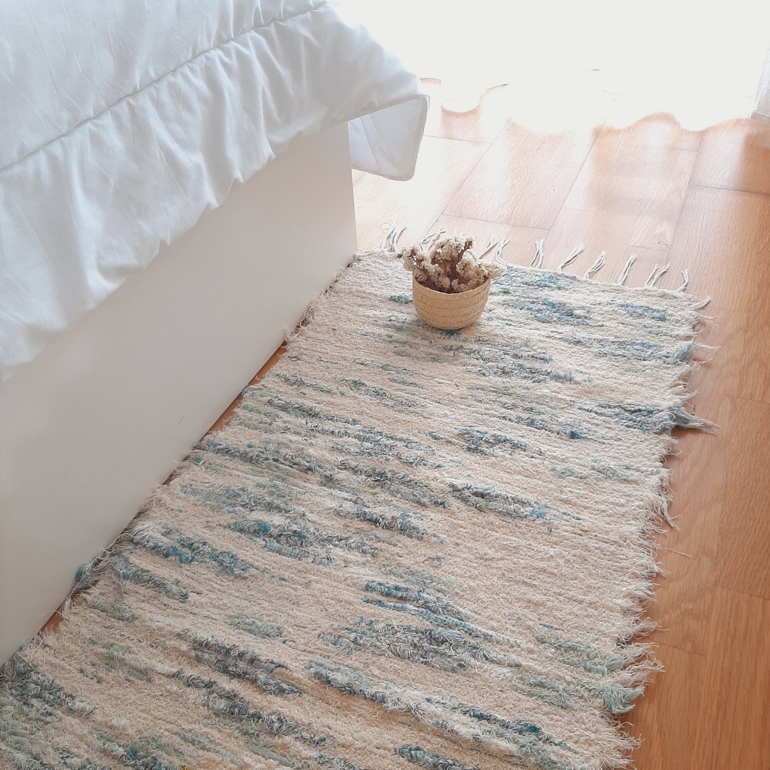 Long Cream Blue Rug 200cm/ Kitchen Rug / Floor Mat / Runner Rug / Area ...