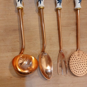 Copper Kitchen Utensil Set of 5 With Holder / Porcelain Handle ...