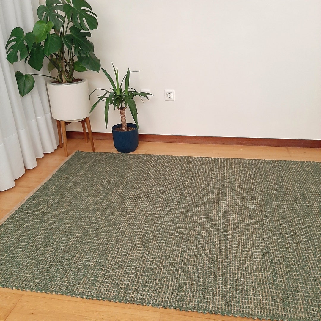 Large Jute and Pine Green Rug / Vintage Rug / Cotton Rug / Rugs for ...