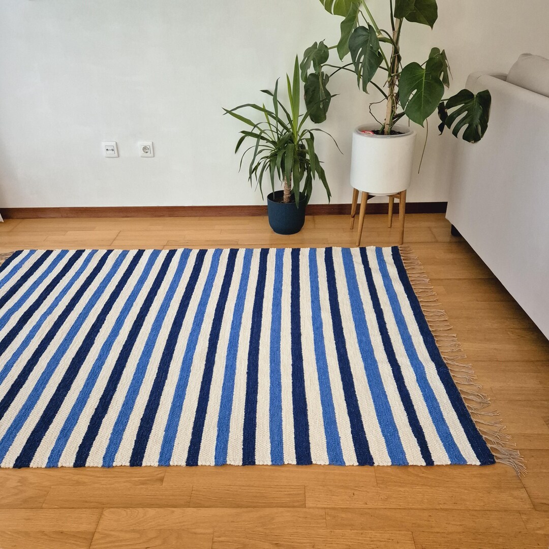 Large Cream and Blue Striped Rug / Vintage Rug / Cotton Rug / Unique ...