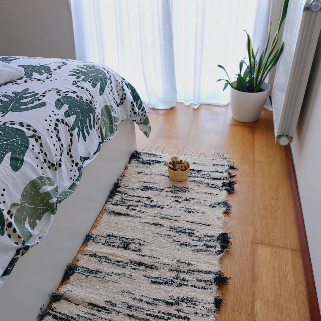 Runner Cream and Black Rug 200cm / Handmade Rug / Kitchen Rug / Runner ...