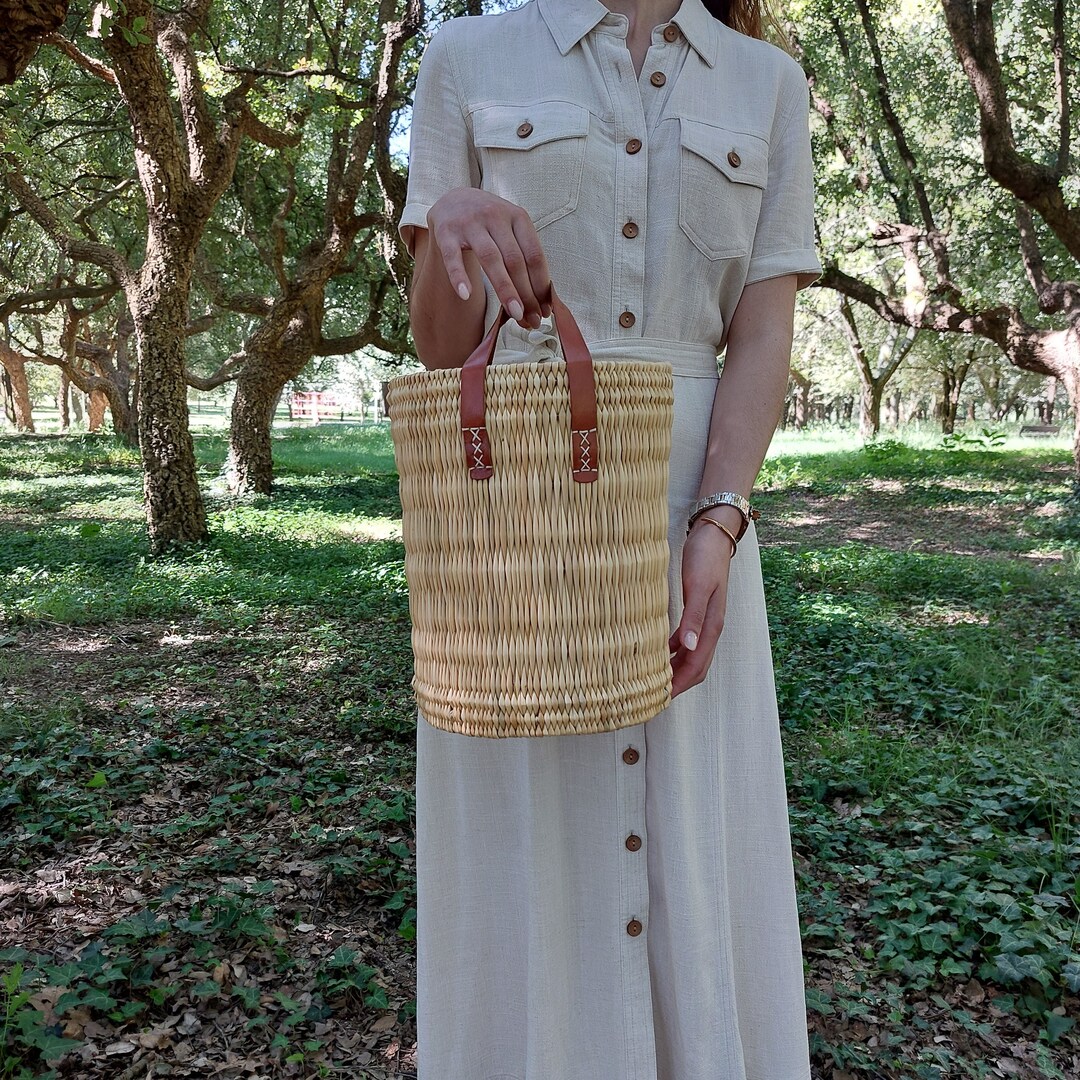 Round Reed Basket Bag / Medium Size / Leather Handle / Bohemian Bag ...
