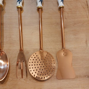 Copper Kitchen Utensil Set of 5 With Holder / Porcelain Handle ...
