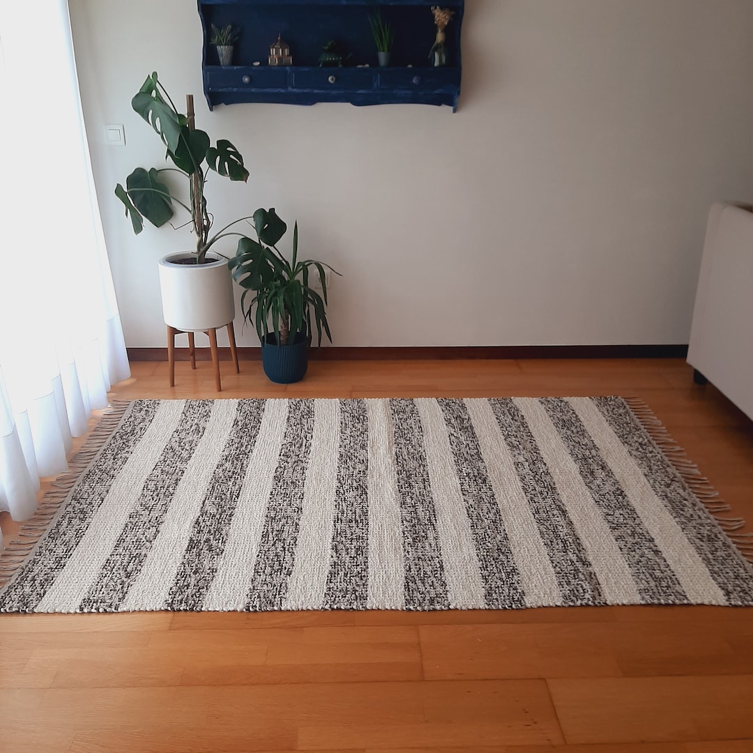 Large Cream and Brown Striped Rug 150x200cm / Boho Rug / Accent Rug ...