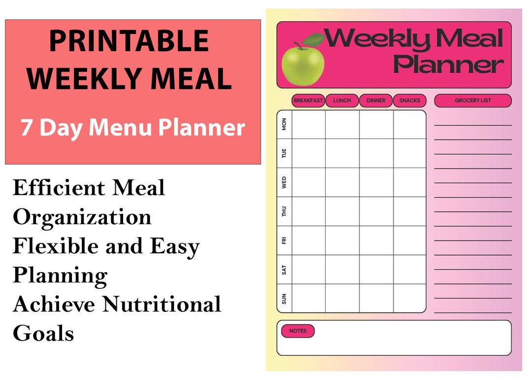 Weekly Meal Planner Printable, 7 Day Menu Plan, Weekly Food Diary, Meal ...