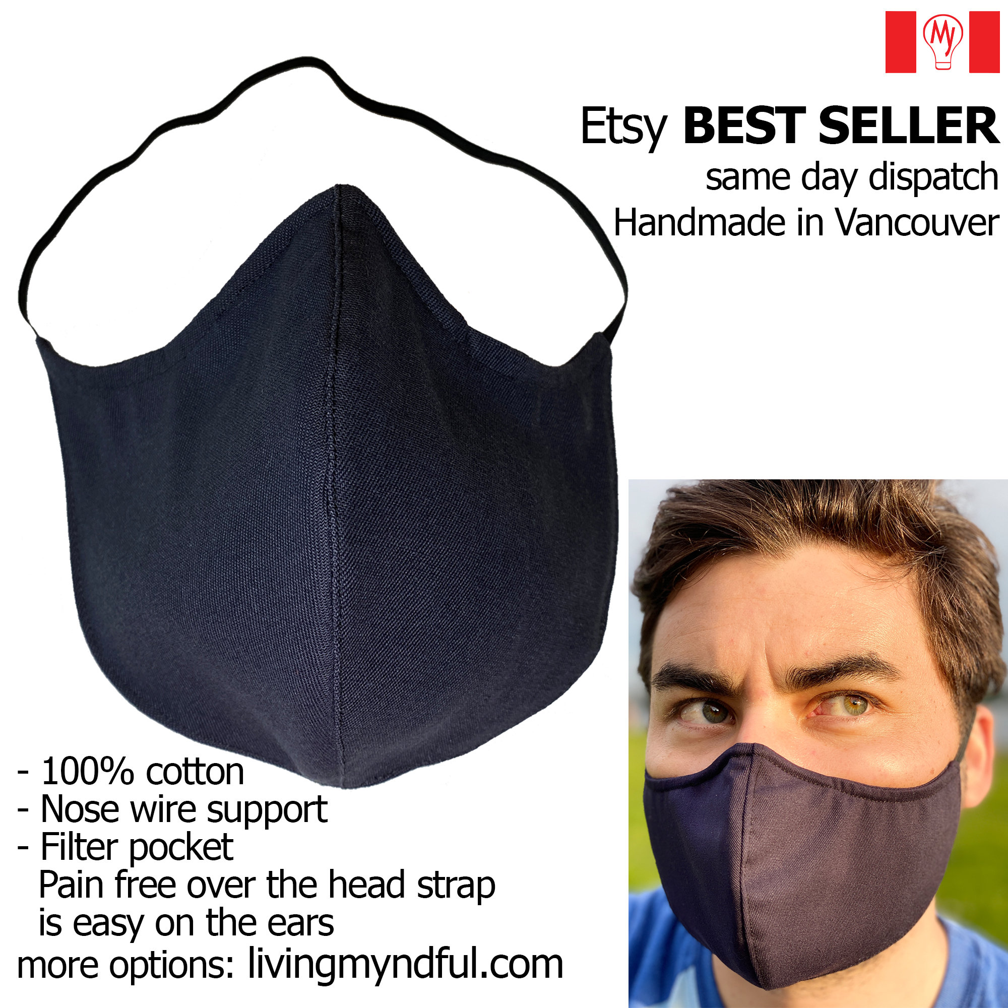 Face Mask: Overhead Strap or Ear Loops Adjustable Nose Wire | Etsy