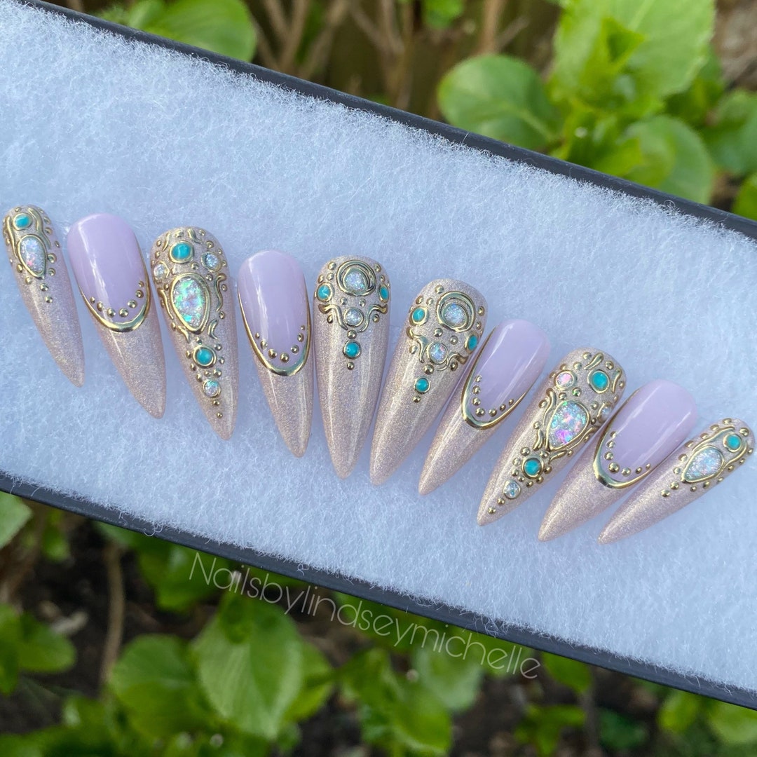 Press on Nails, Raised Hand Painted Gems, Opal, Turquoise, Gold Chrome ...
