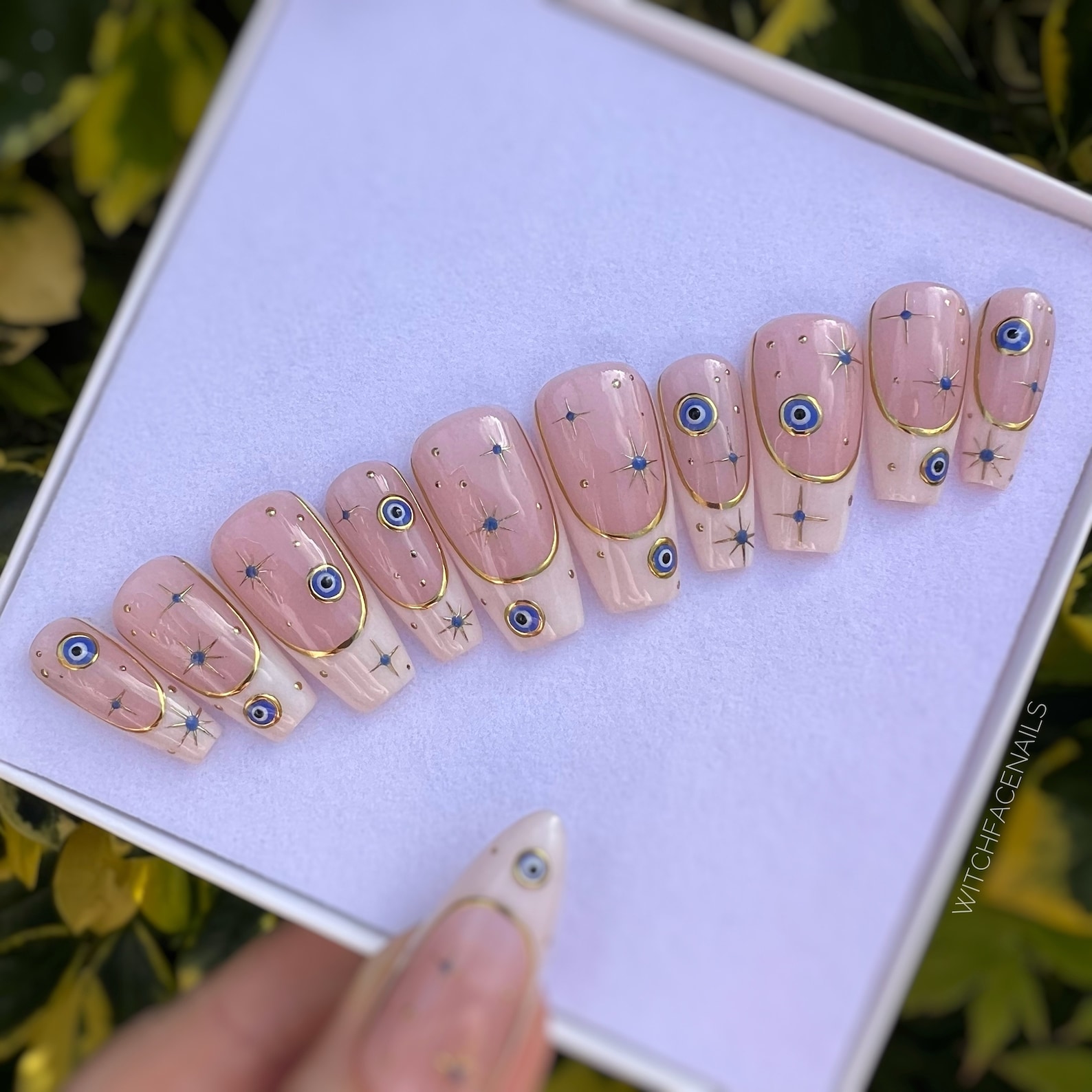 Evil Eye Press on Nails, Soft White French Tips, Hand Painted Nail Art ...