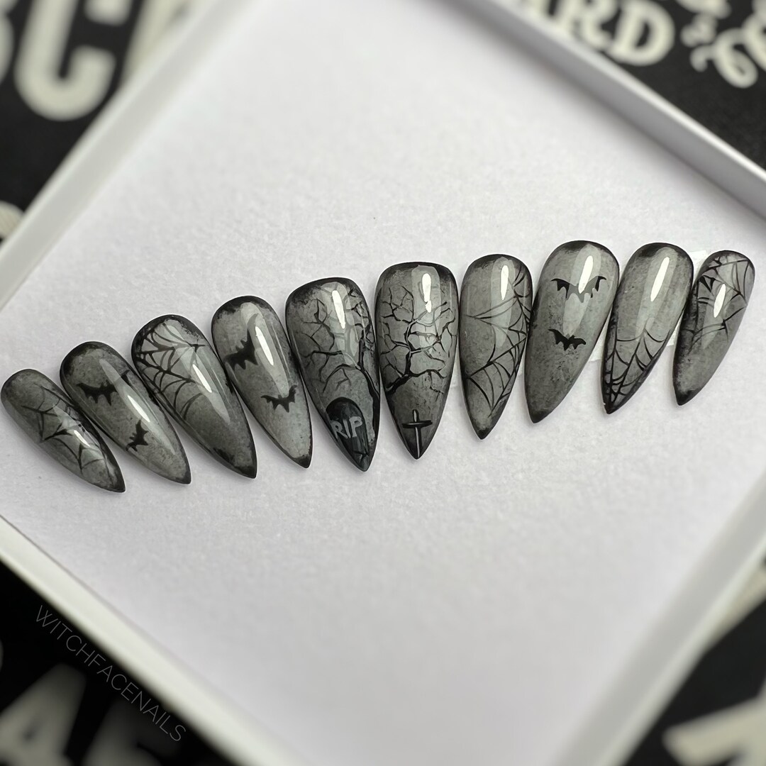 Black, Grey Press on Nails, Halloween, Spooky, Graveyard, Tombstones ...