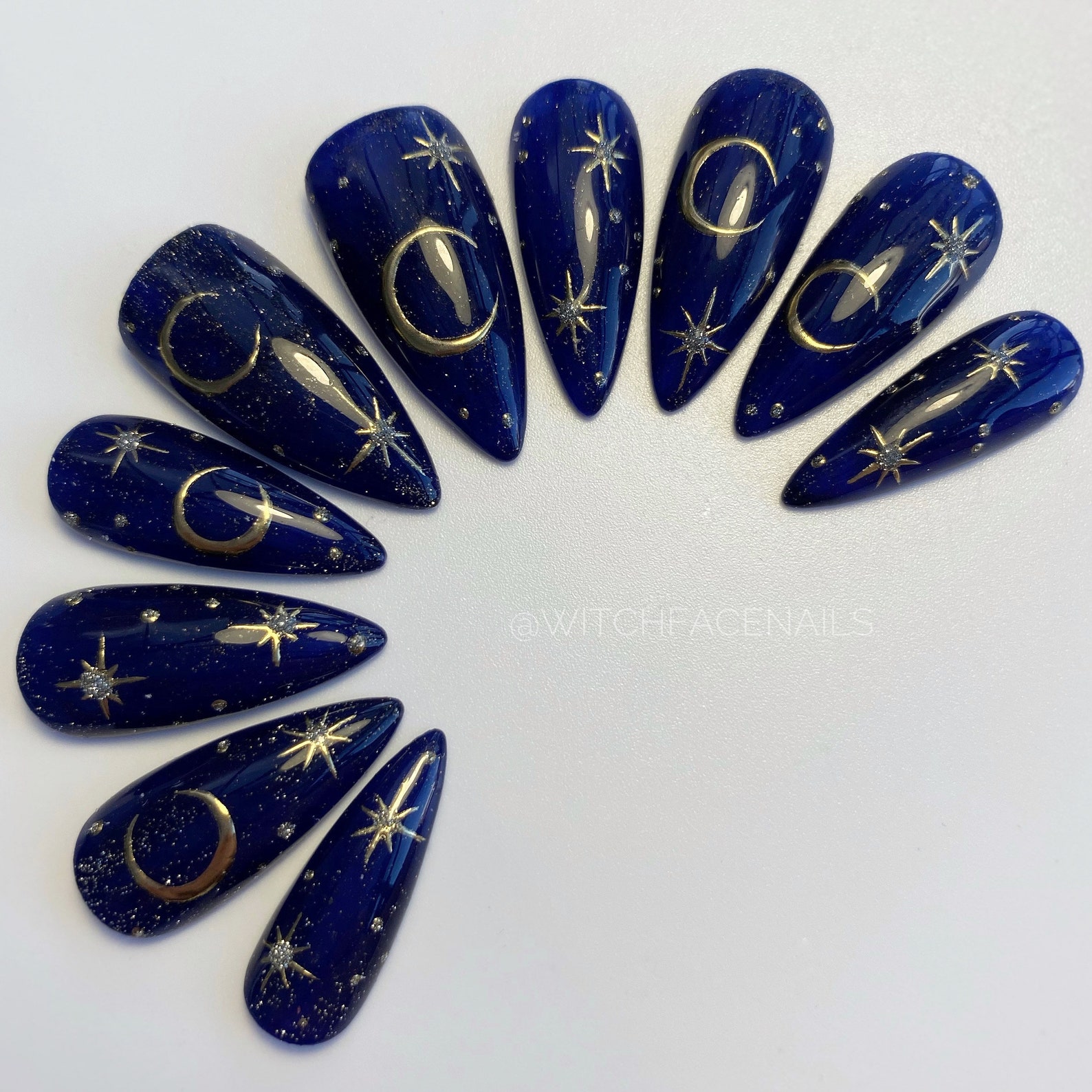 Press on Nails, Navy Blue Press Ons, Celestial Press Ons, Glitter Press ...
