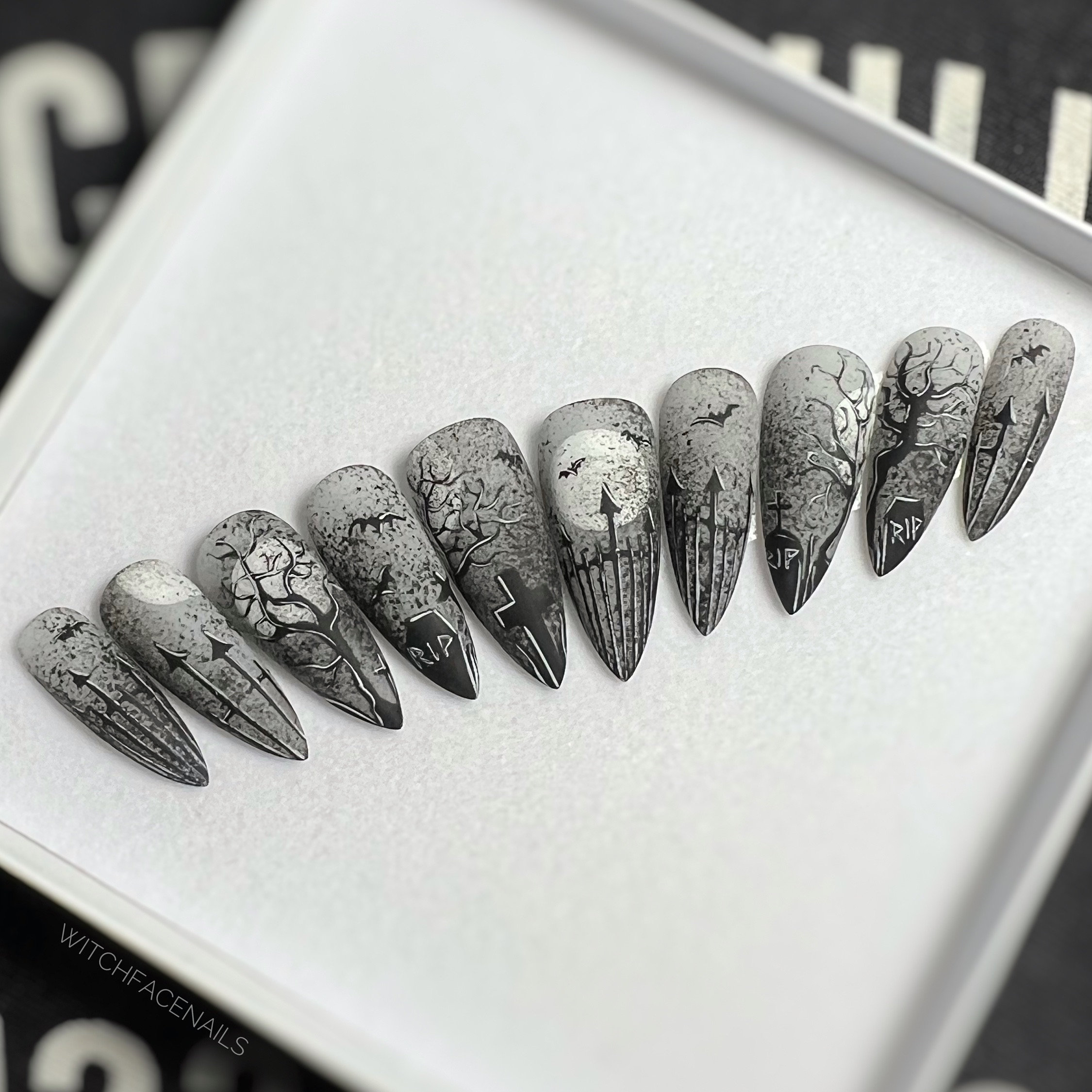 Black, Grey Press on Nails, Halloween, Spooky, Graveyard, Tombstones ...