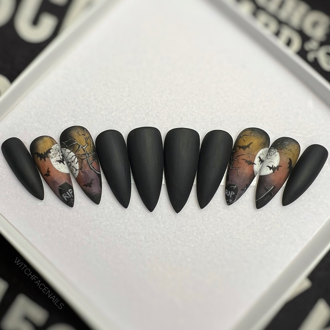 Press on Nails, Hand Painted Matte Black Stick Ons, Spooky Moon, Bats ...